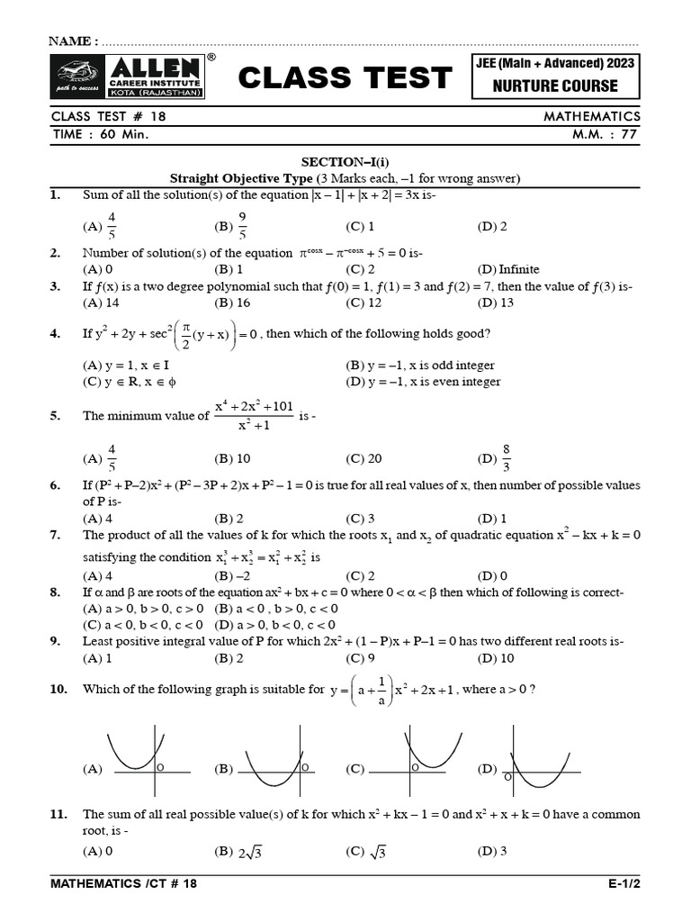 18 Class Test (N-TOPS, TNPS) - Student | PDF | Equations | Numerical ...