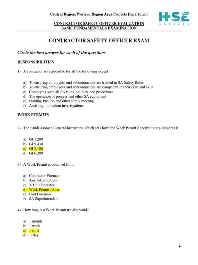 Aramco Contractor Safety Officer Exam | PDF | Crane (Machine) | Fires