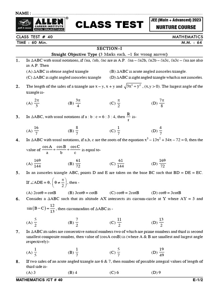 40 Class Test (N-TOPS, TNPS) - Student | PDF | Triangle | Euclidean ...