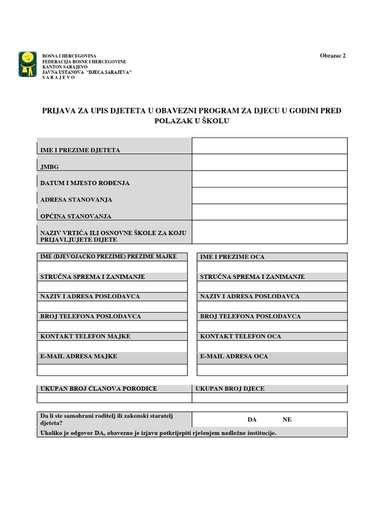 Prijavni Obrazac BR 2 Za Obavezni Progam 2024 2025 | PDF
