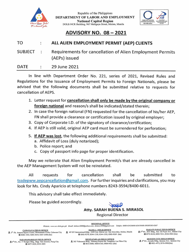 Advisory 08 21 Requirements For Cancellation of Alien Employment ...