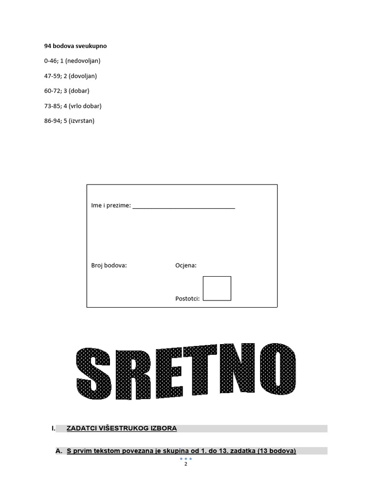 Ispit Za Treci Razred - Sadrzaj | PDF