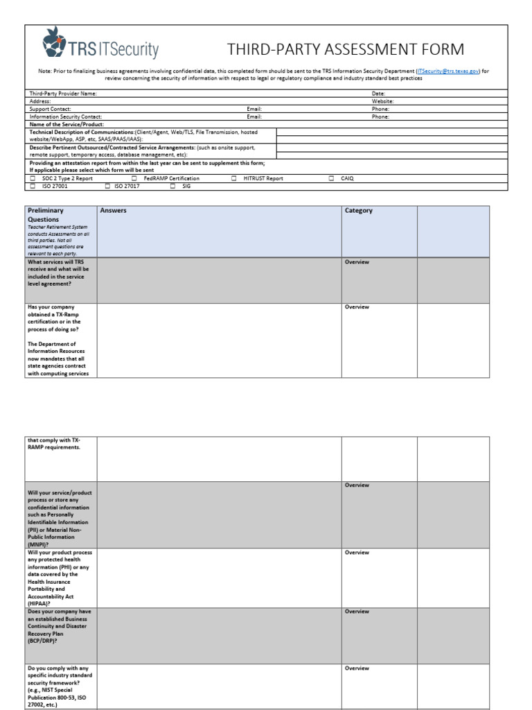 Third Party Assessment Form | PDF | Security | Computer Security