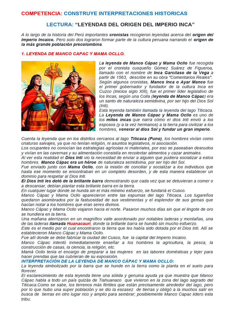 LECTURA-T6-1P-Leyenda Del Origen Del Imperio Inca.-1 | PDF | Imperio Inca