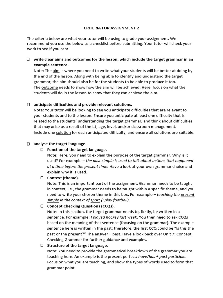 Criteria Checklist A2 | Download Free PDF | Grammar | Lesson Plan