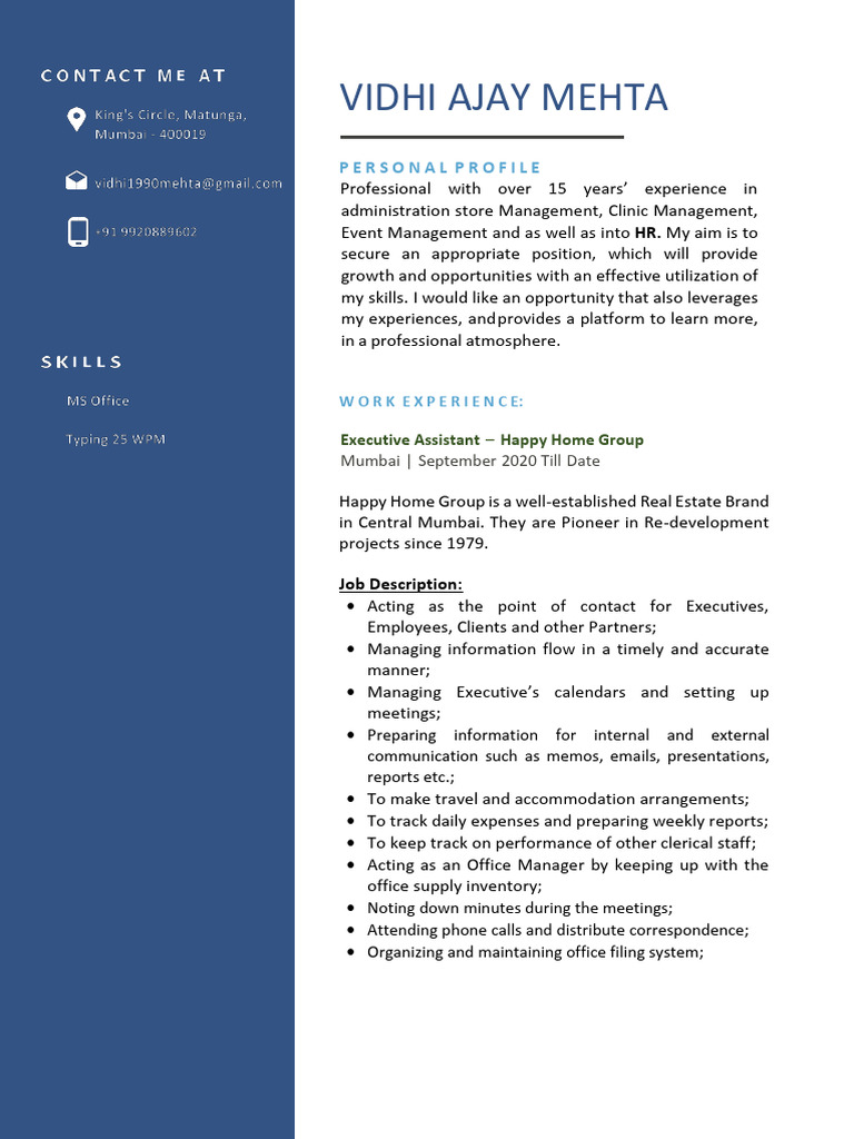 Vidhi Mehta (Updated-23) - 240402 - 105303 | PDF | Customer | Employment