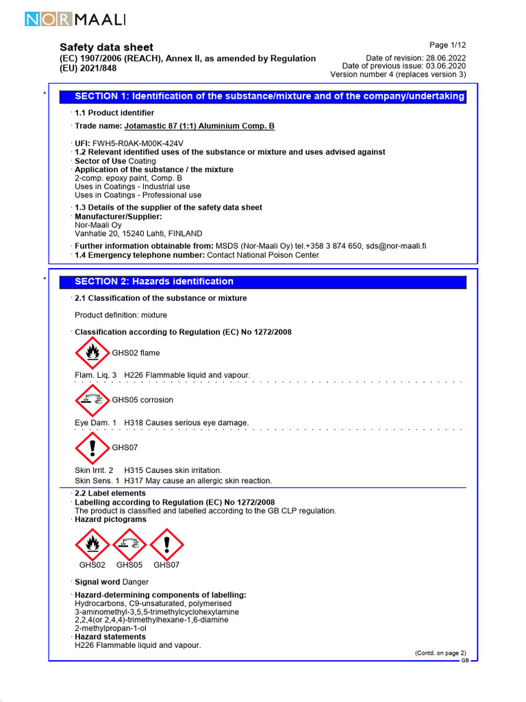 Msds Sys402612 10 Jotun - .Eng - 1 | PDF | Dangerous Goods | Waste