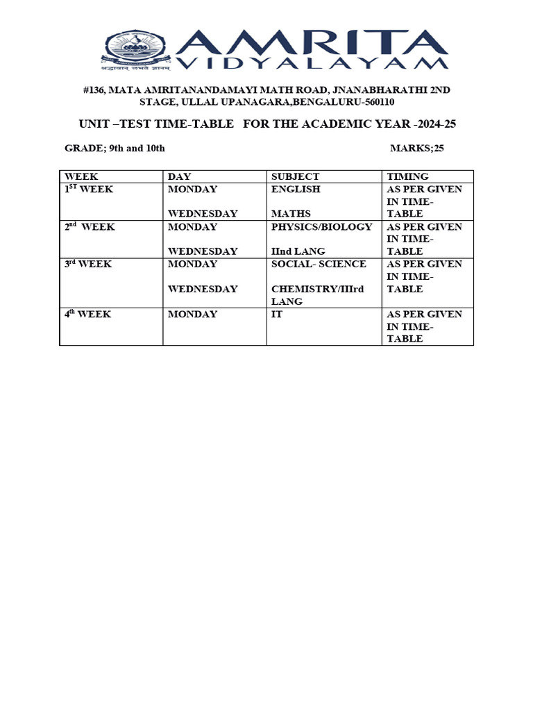 Class 9 and 10 UNIT - TEST Time Table 2024-25 | PDF