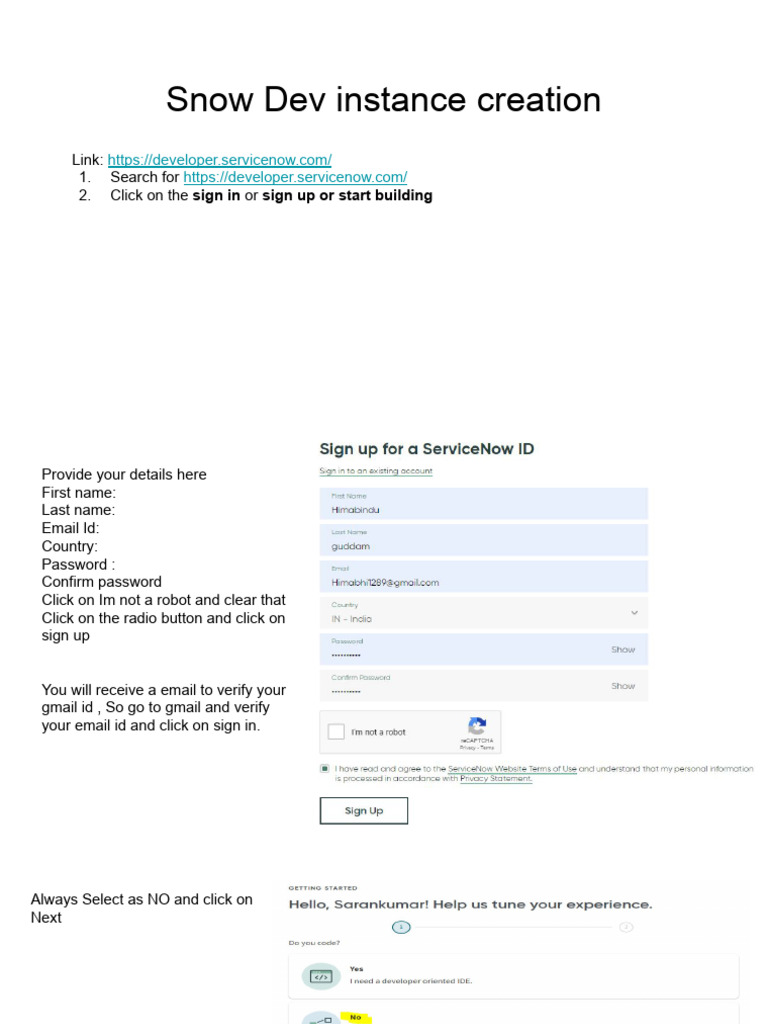 Snow Dev instance creation | PDF