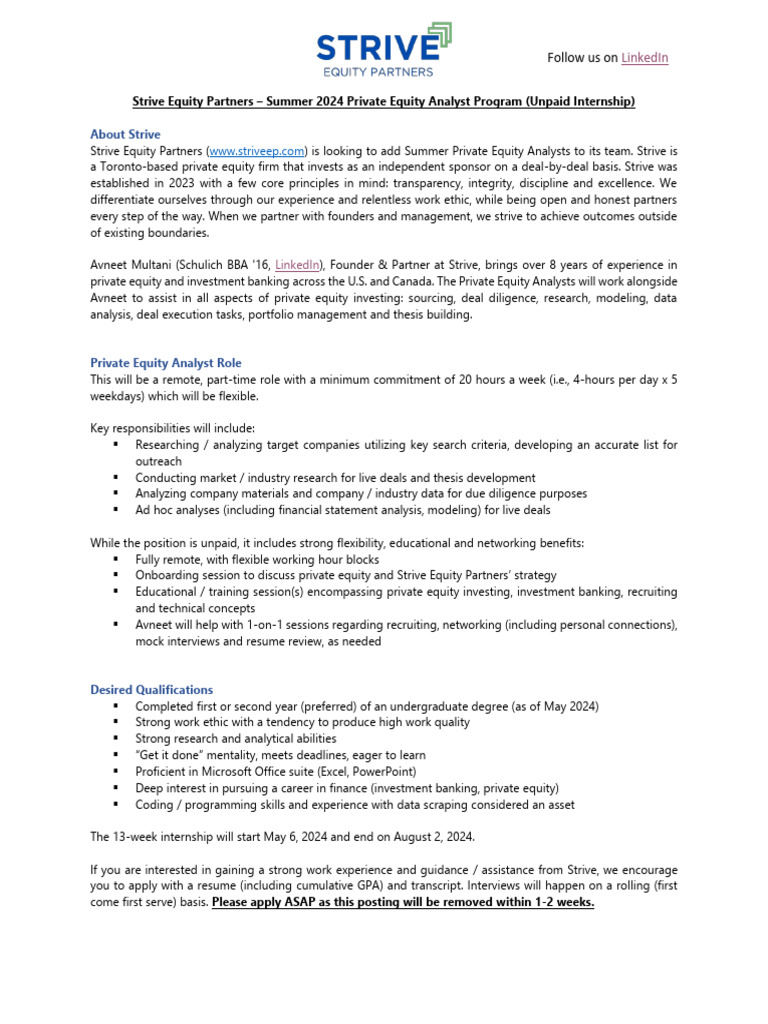 Strive Summer 2024 Intern Program-1 | PDF | Financial Analyst | Private Equity