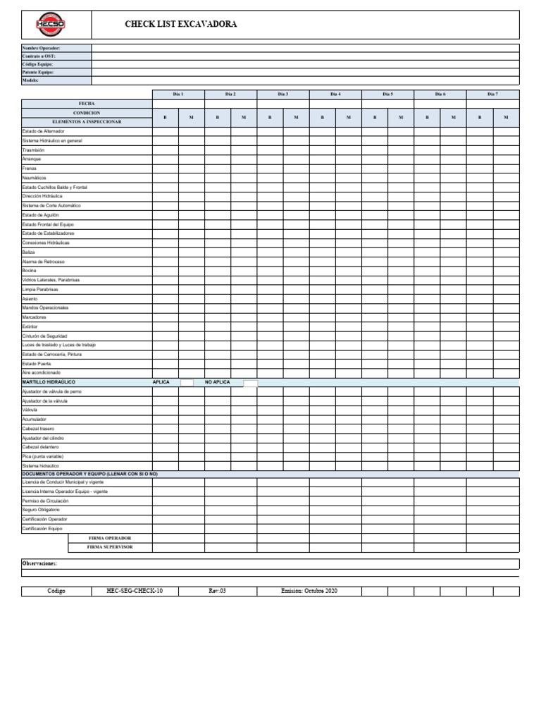 HEC-SEG-CHECK-10 Excavadora Rev.03 | PDF | Negocios