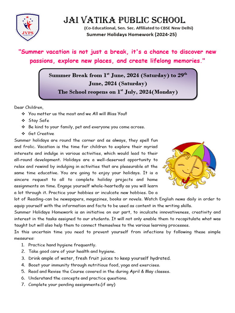 Circular 20240527150243 3rd Class Summer Holidays Homework 2024-25 ...