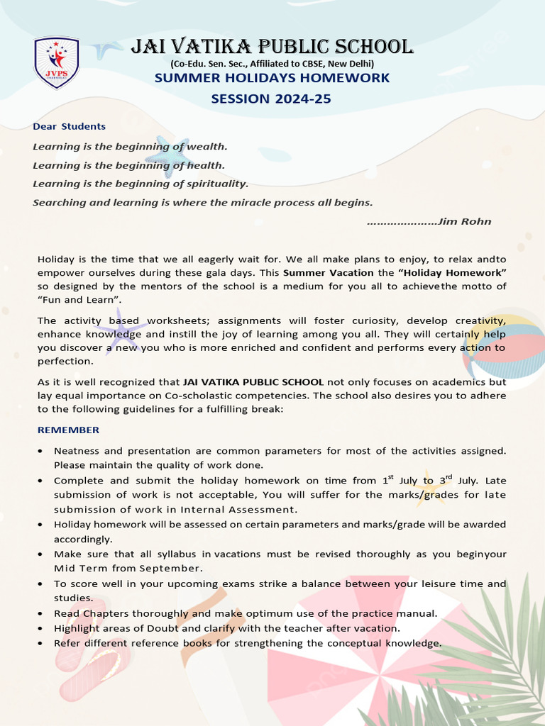 Circular 20240528135941 9th Class Summer Holiday Homework 2024-25 | PDF ...