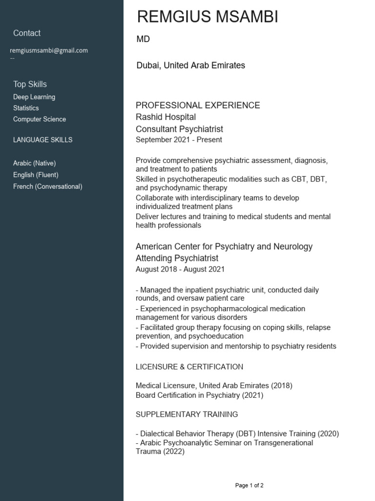 Remgius Msambi CV | PDF | Psychiatry | Psychotherapy