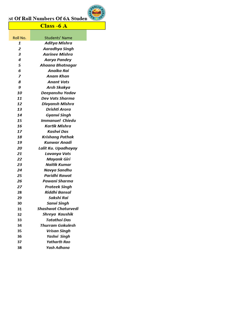 Roll Numbers for Class 6A Students | PDF