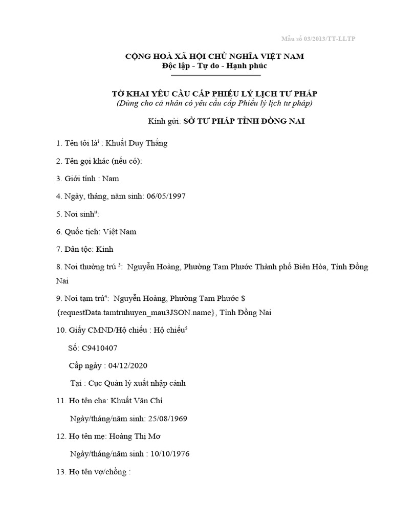 Phieu Ly Lich Tu Phap Mau So 3 | PDF