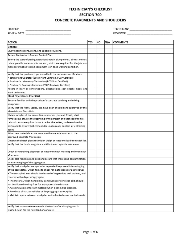 Section 700 - Technician's Checklist - Concrete Pavements and Shoulders ...