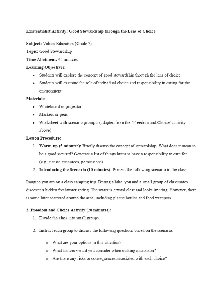 Lesson Plan in Good Stewardship | PDF | Existentialism | Lesson Plan