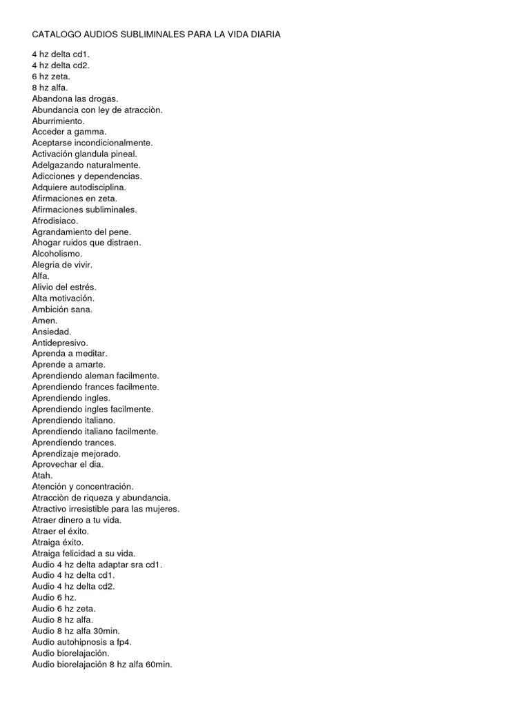 Catalogo Audios Subliminales para La Vida Diaria | PDF | Meditación ...