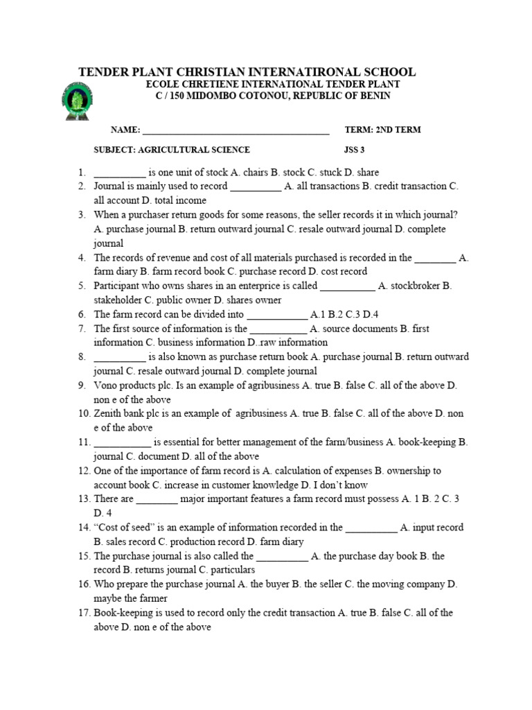 Agricultural Science Exam for JSS 3 | PDF | Bookkeeping | Farms