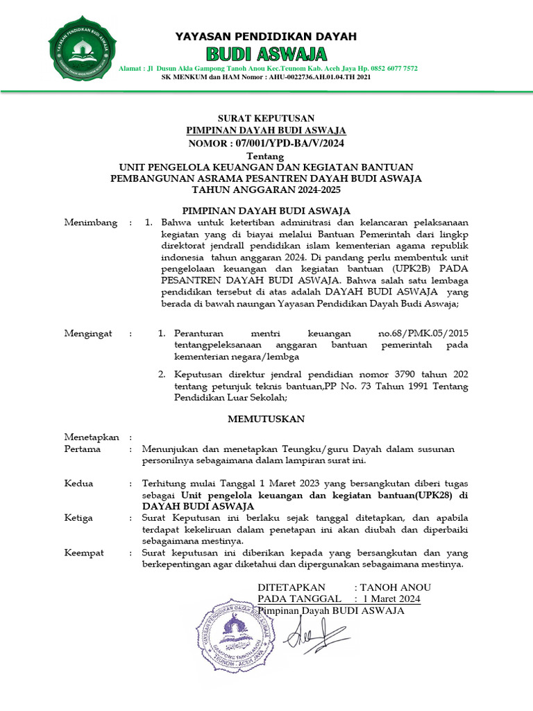 SK Upk2b DAYAH BUDI ASWAJA | PDF