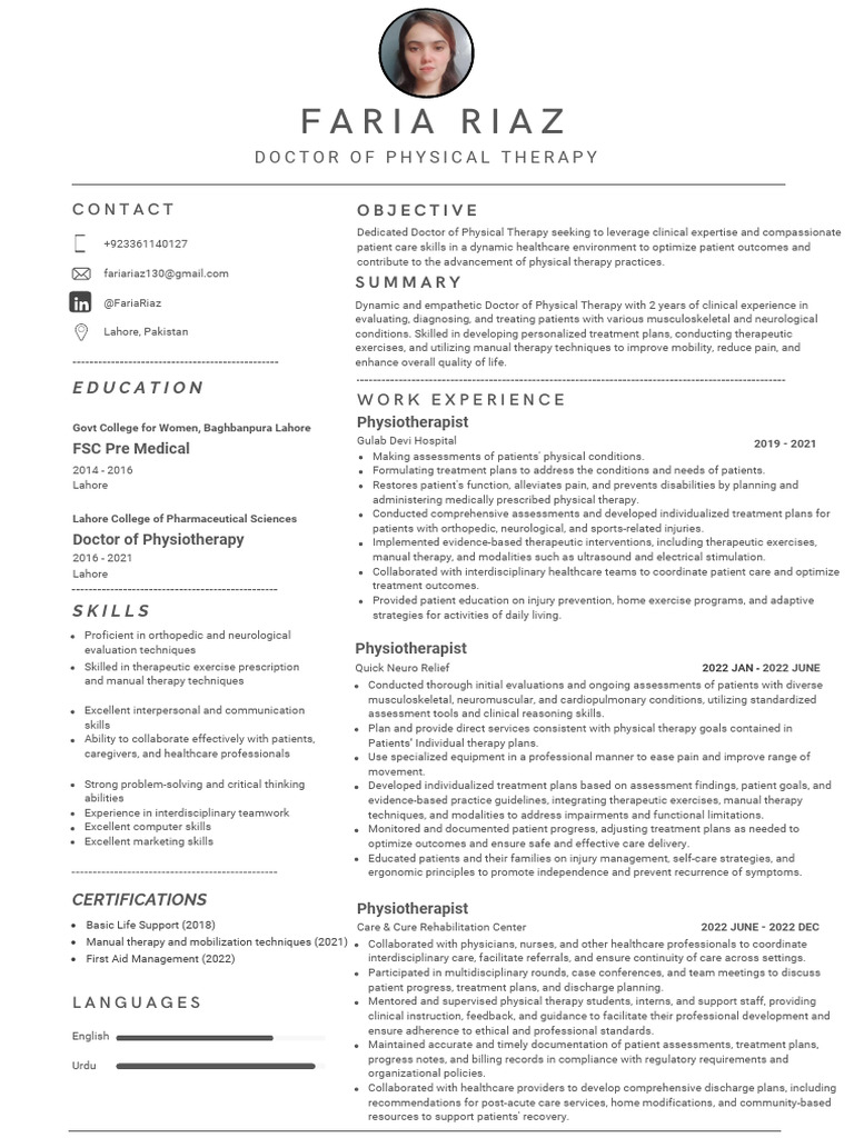 Faria Riaz CV Marketing | PDF | Physical Therapy | Health Care