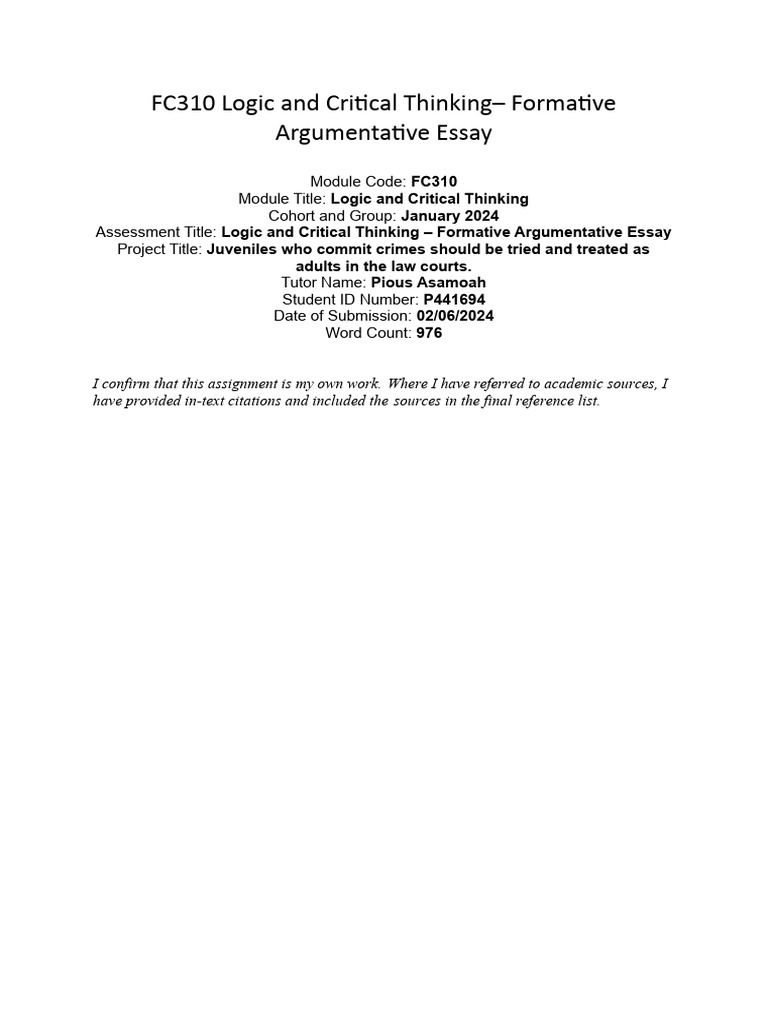 FC310 Logic and Critical Thinking - Formative Argumentative Essay - P441694 | PDF ...