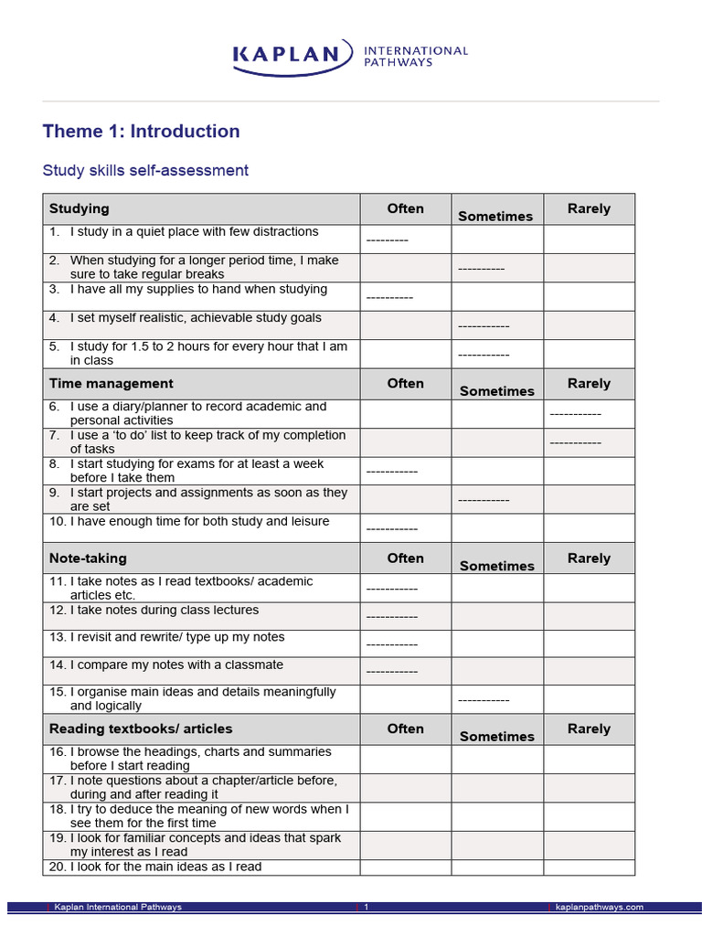 Study Skills Self-Assessment Tool | PDF | Study Skills | Cognition