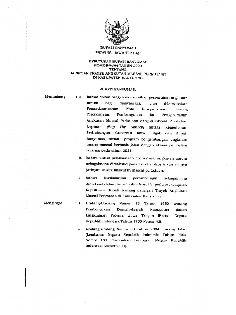 Banyumas - SK Bupati Bms Tentang Jaringan Trayek Angkutan Massal ...