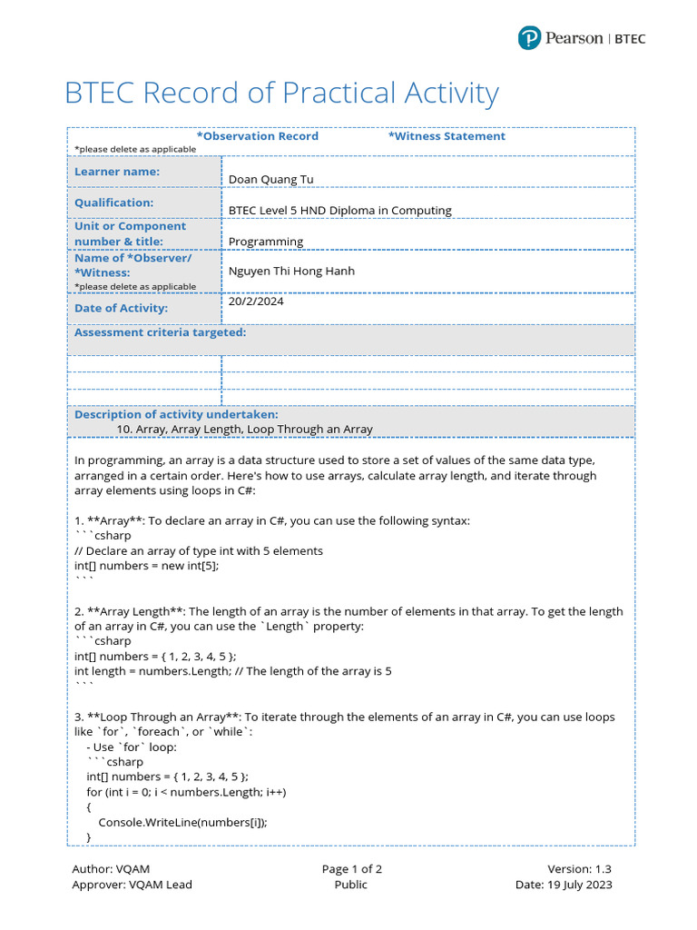 BTEC Practical Activity Record Guide | PDF | C Sharp (Programming ...