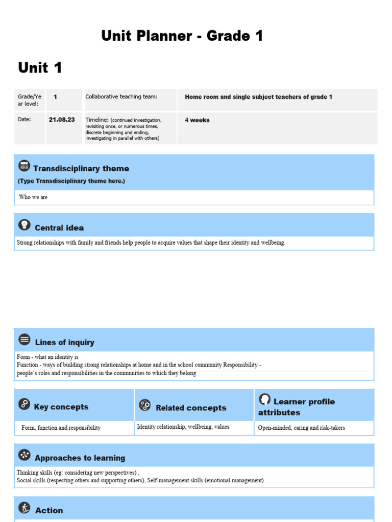 Grade 1 - Unit Planner 1 | PDF | Learning | Teachers