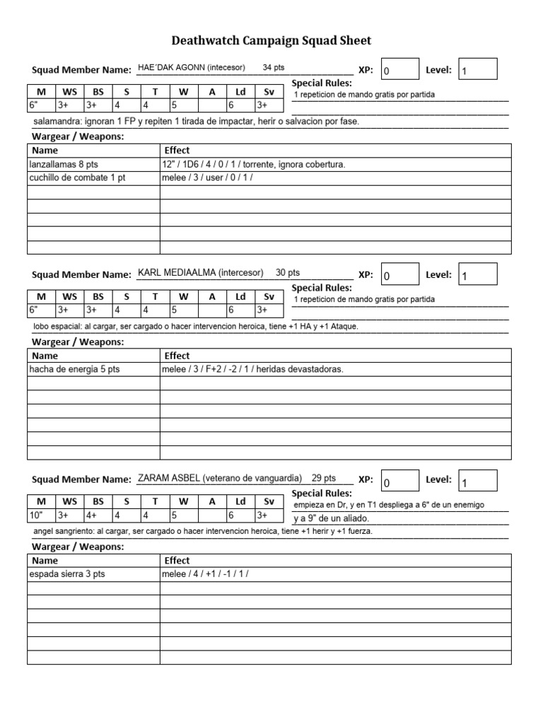 Chuchi Squad Sheet | PDF