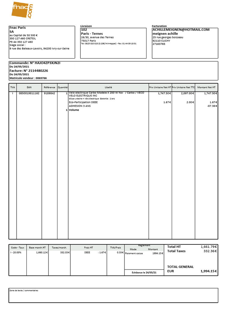 Facture d'achat Fnac - Détails et TVA | PDF | Facture | Taxe sur la ...