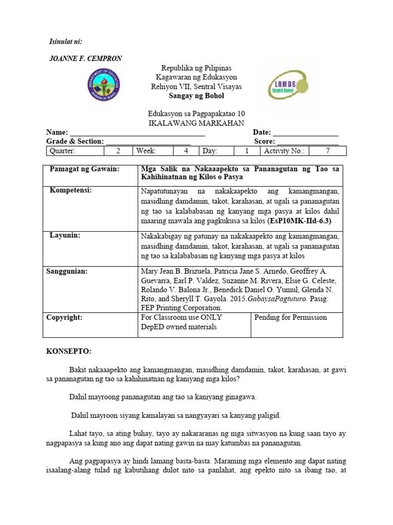 EsP10 Q2 Wk4 Day1-2 | PDF