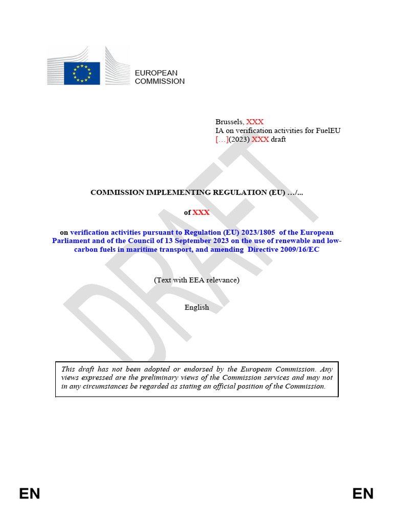 Draft COMMISSION IMPLEMENTING REGULATION On Verification Activities For FuelEU (Version 18.10. ...