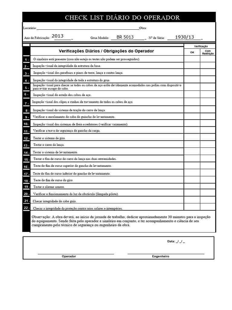 MODELO CHECKLIST DIÁRIO DO OPERADOR | PDF