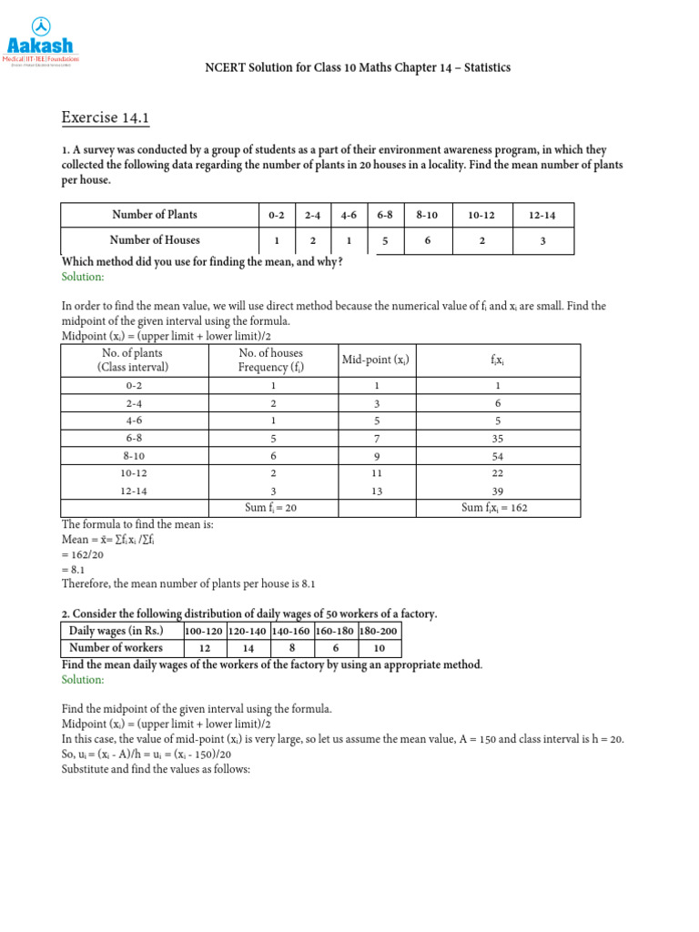 Class 10 Statistics NCERT Solutions | PDF | Mode (Statistics) | Median