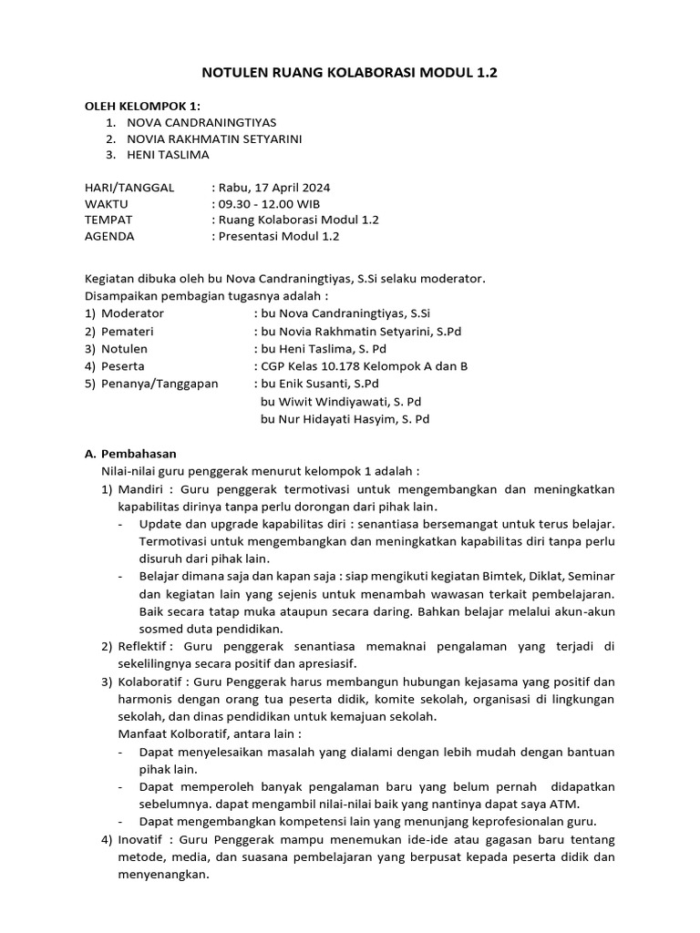 Notulen Presentasi Modul 1.2 Guru Penggerak | PDF