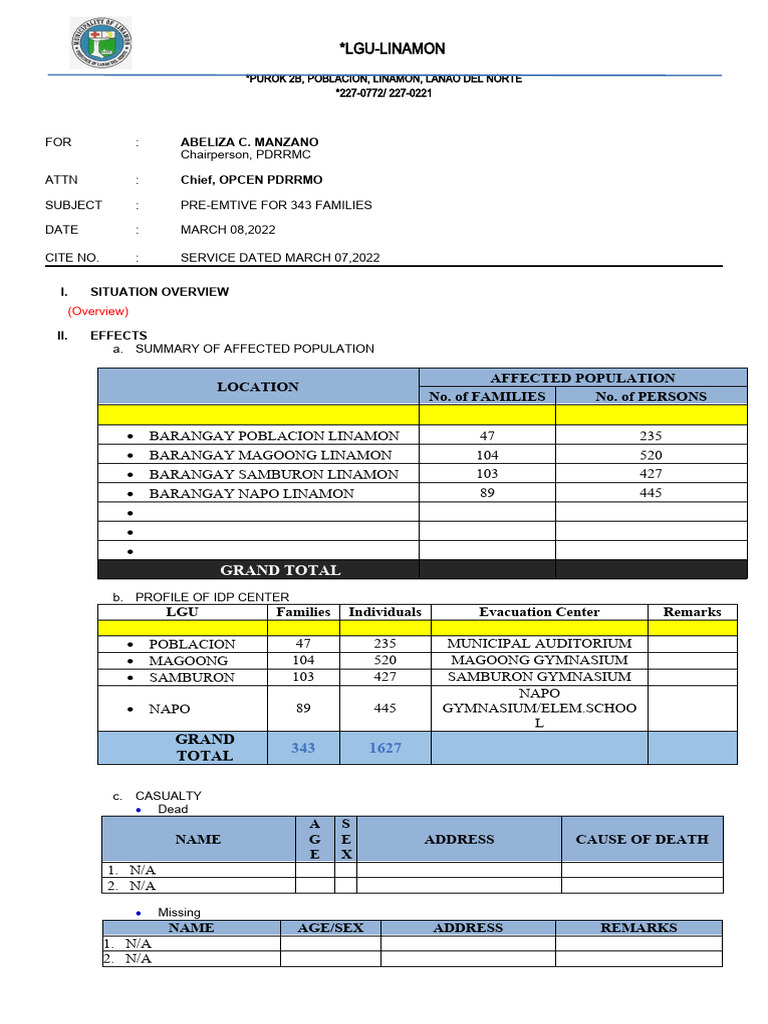 Lgu-Linamon Situational Initial Report | PDF | Tropical Cyclones | Natural Disasters