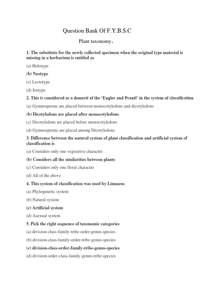 Plant Taxonomy Question Bank | PDF | Taxonomy (Biology) | Genus