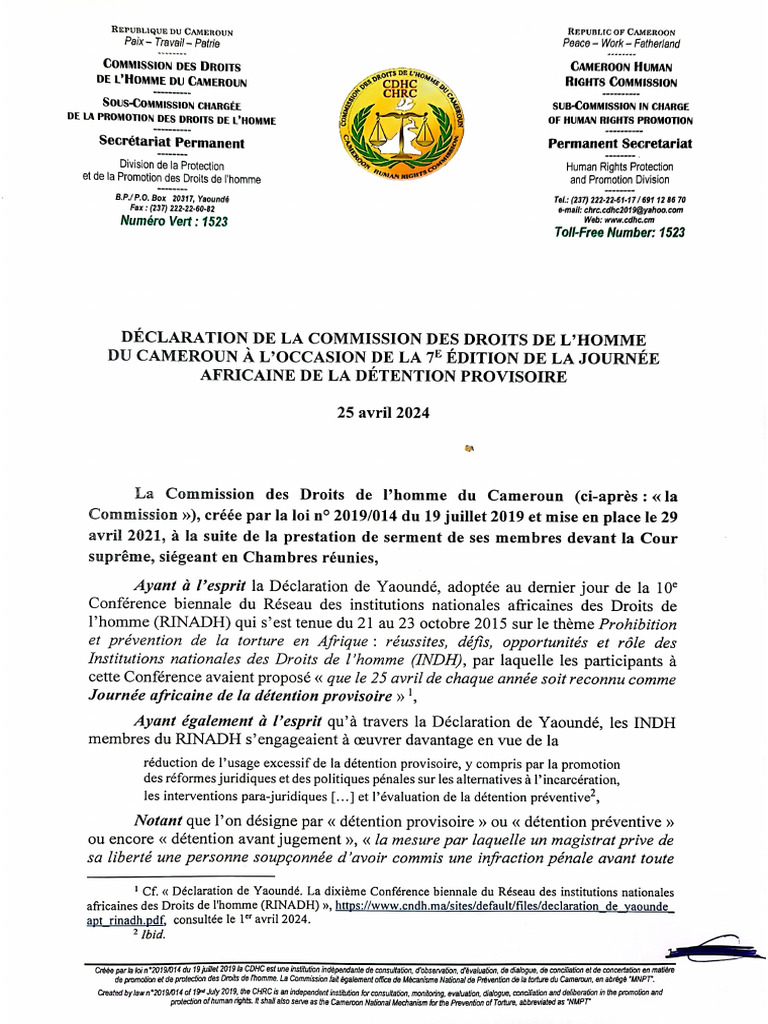 Déclaration de La CDHC À L'occasion de La 7e Édition de La Journée Africaine de La Détention ...