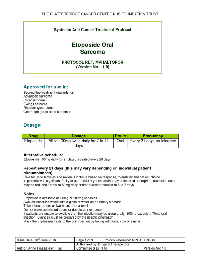 Etoposide_Oral_Sarcoma_Protocol_V1.0 | Download Free PDF | Dose ...