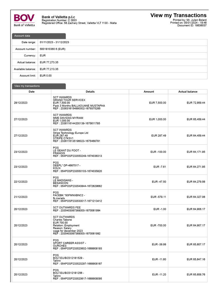Bank Statement Nov and Dec 2023 | PDF | Euro | Service Industries