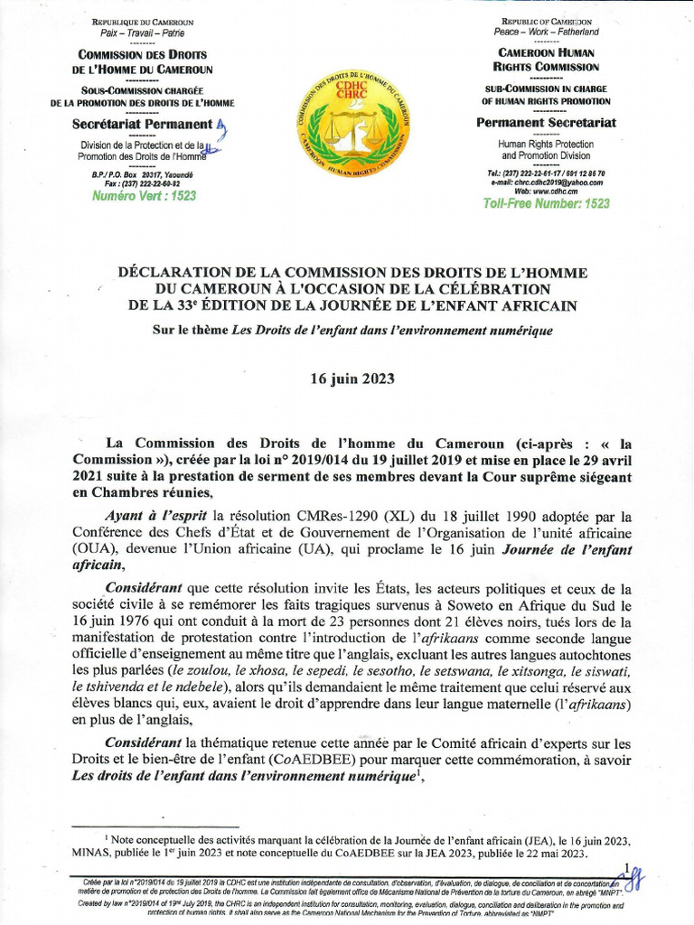 DÉCLARATION DE LA CDHC À L'OCCASION DE LA CÉLÉBRATION DU CAMEROUN À L'OCCASION DE LA CÉLÉ DE LA ...