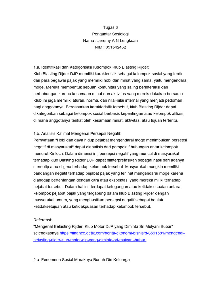 Tugas 3 Pengantar Sosiologi - Jeremy A N Lengkoan (051542462) | PDF | Karier & Perkembangan ...