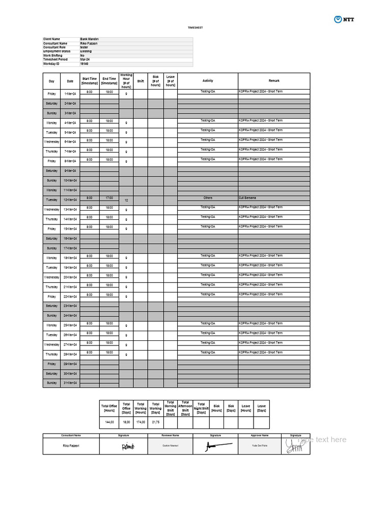 Riko Fazasri - Timesheet Format - 202403-Mar-24 - Regular OT Form | PDF