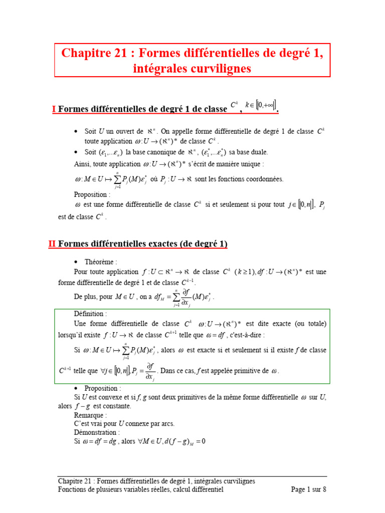 Formes Différentielles de Dégré 1.intégrales Curvilignes | PDF