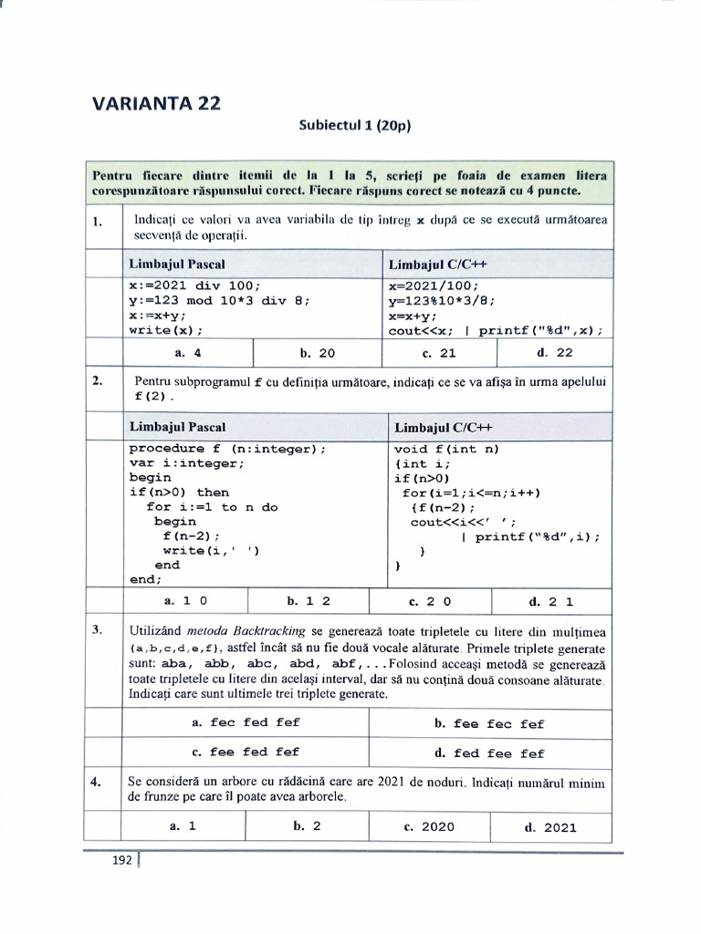 Varianta 22 - Bac Info | PDF
