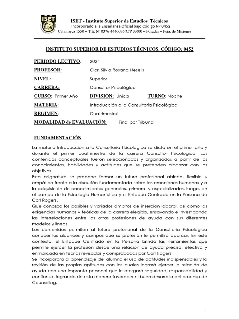 Prog. Introduccion A La Consultoria Psicológica 1ero. ConsPsi 24 | PDF | Sicología | Enseñando