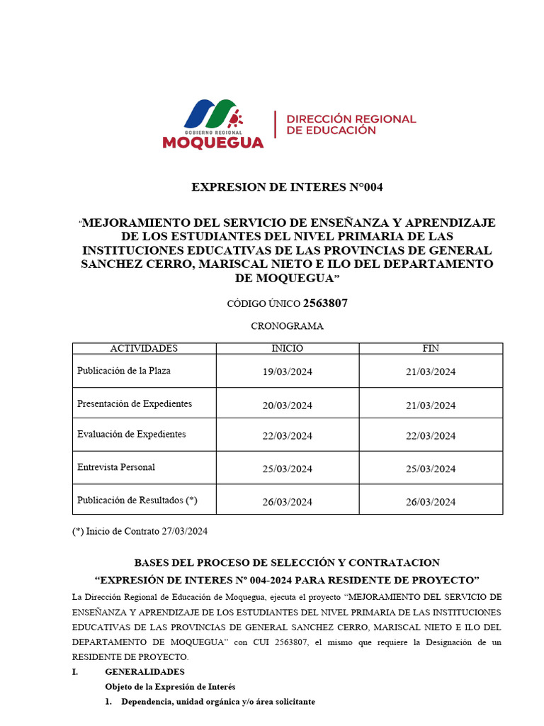 Expresion de Interes Nro 01-2024 Residente de Proyecto-Primaria | PDF ...